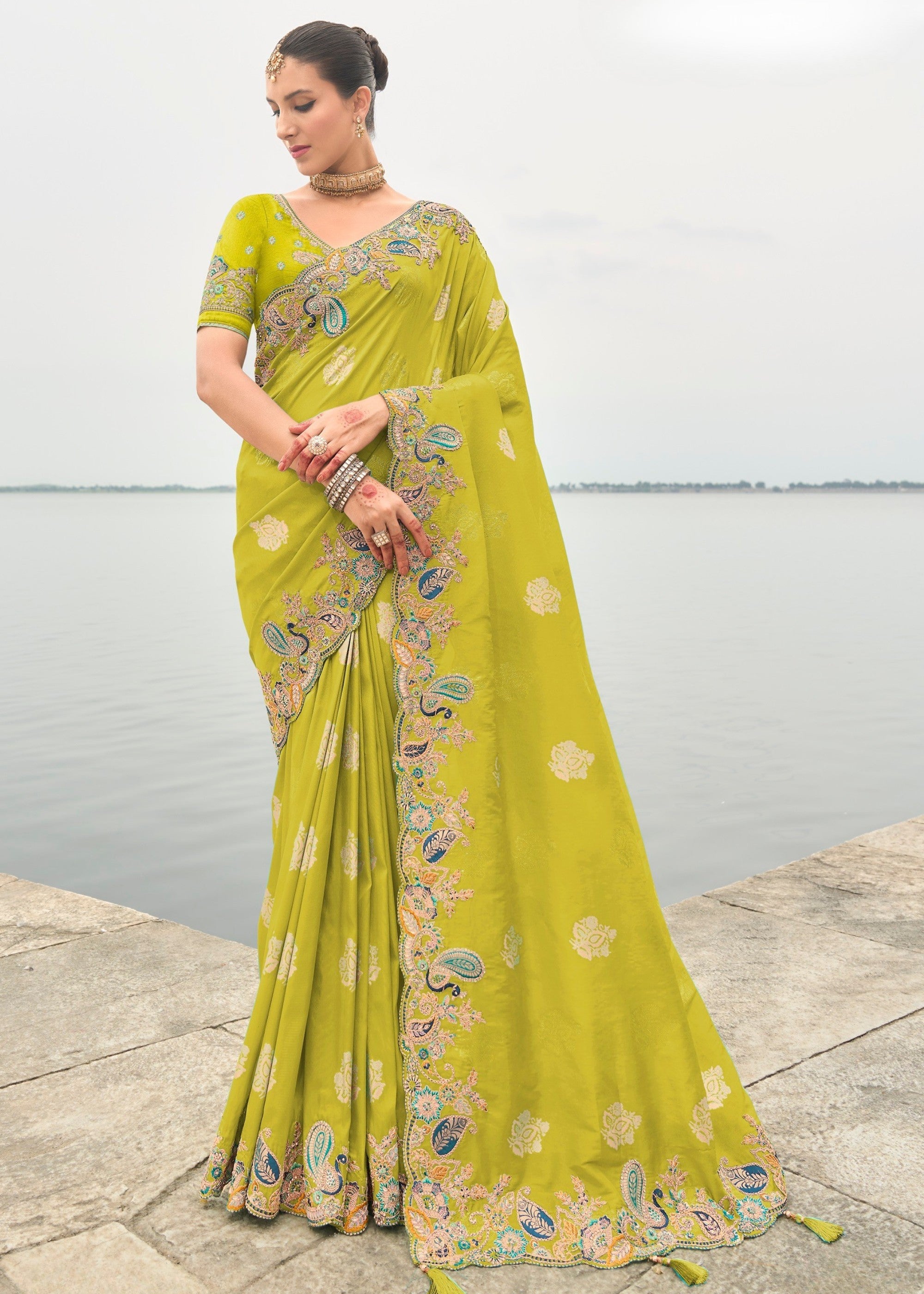 Lime Green Silk Saree With Embroidery – Ethnos