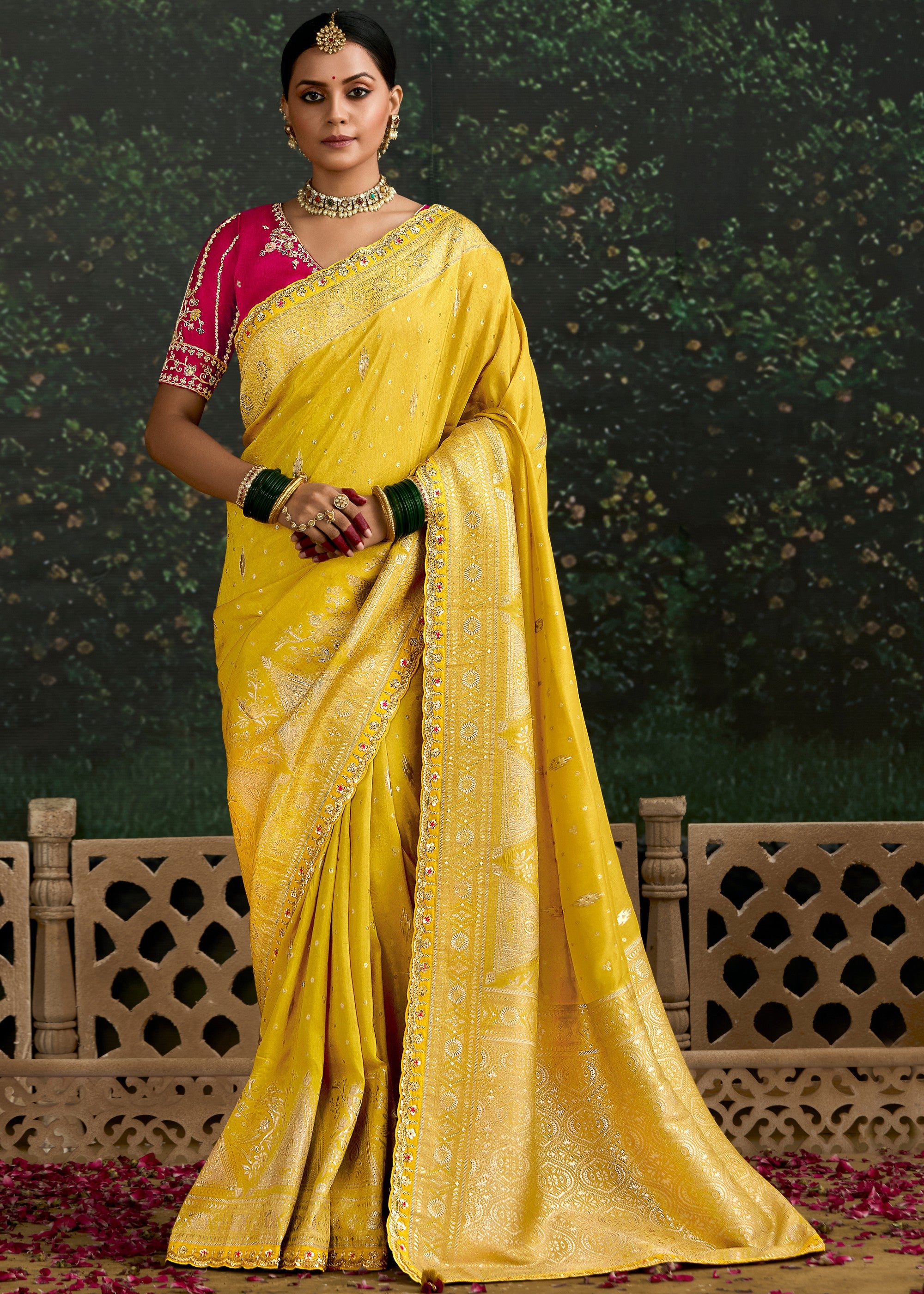 Yellow and Megenta Viscose silk Saree – Ethnos