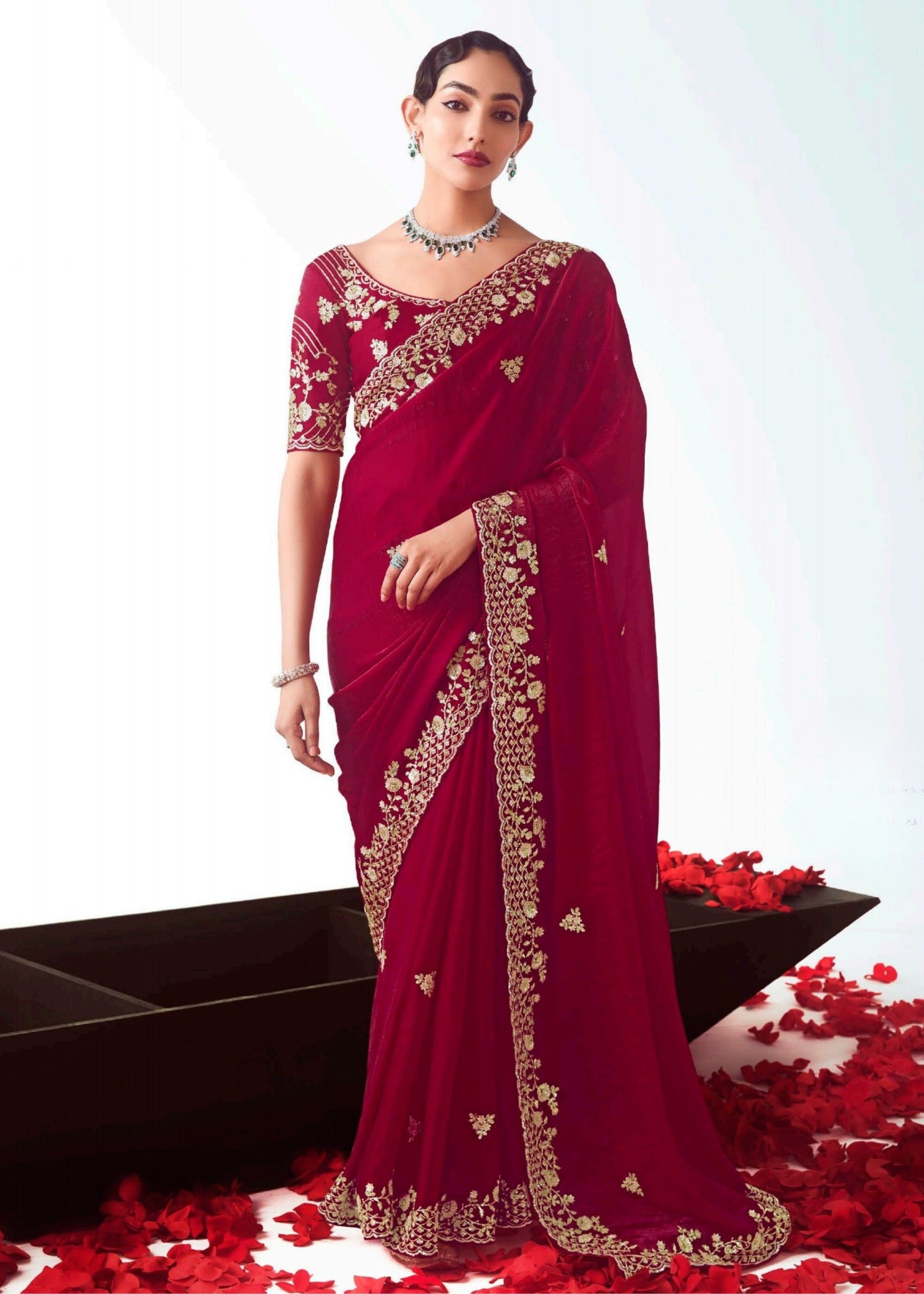 Maroon Red Silk Saree With Embroidery – Ethnos