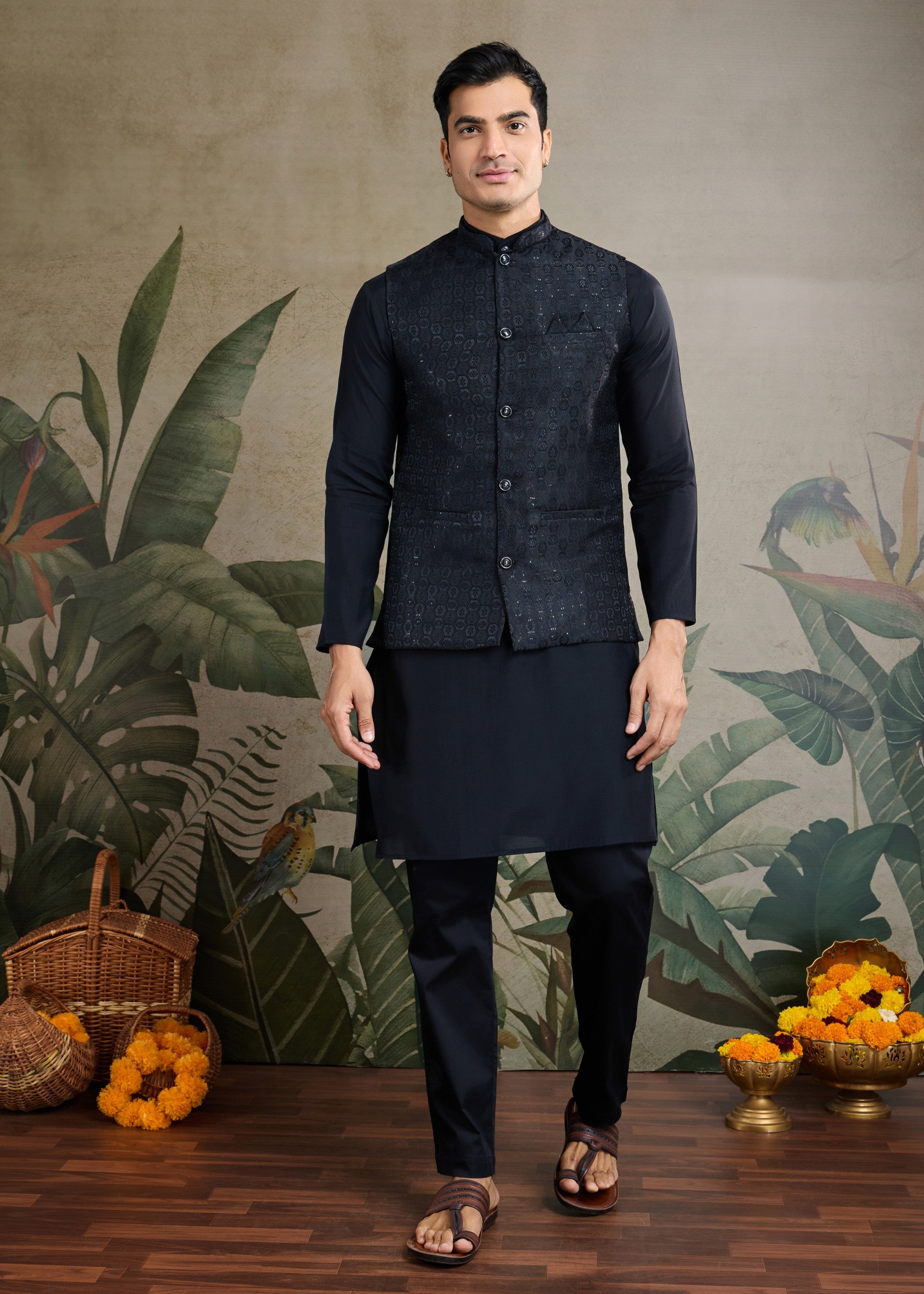 Black Mens Wear Koti Style with Kurta and Pajama – Ethnos