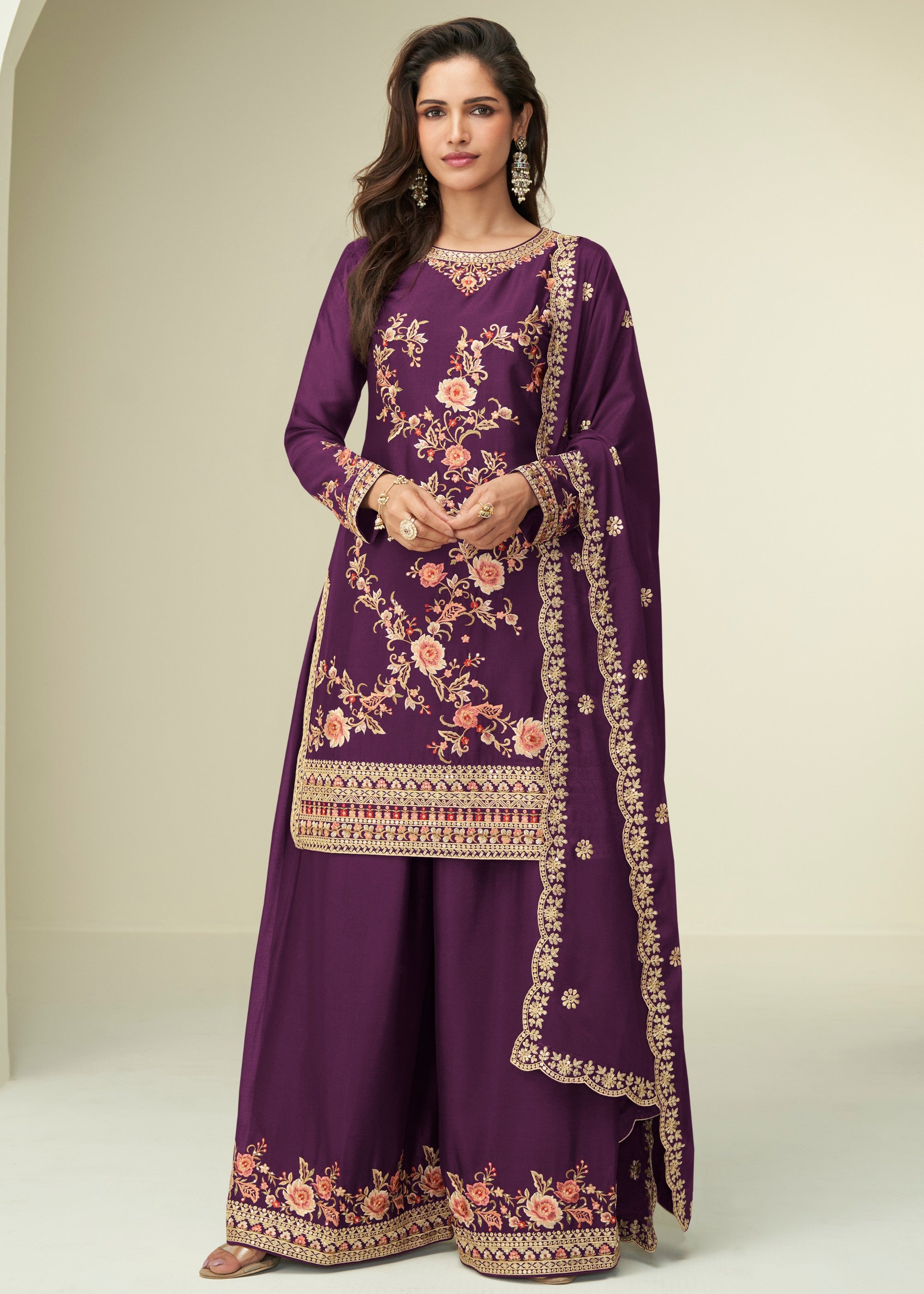 Eggplant Purple Chinon SIlk Plazo Suit – Ethnos
