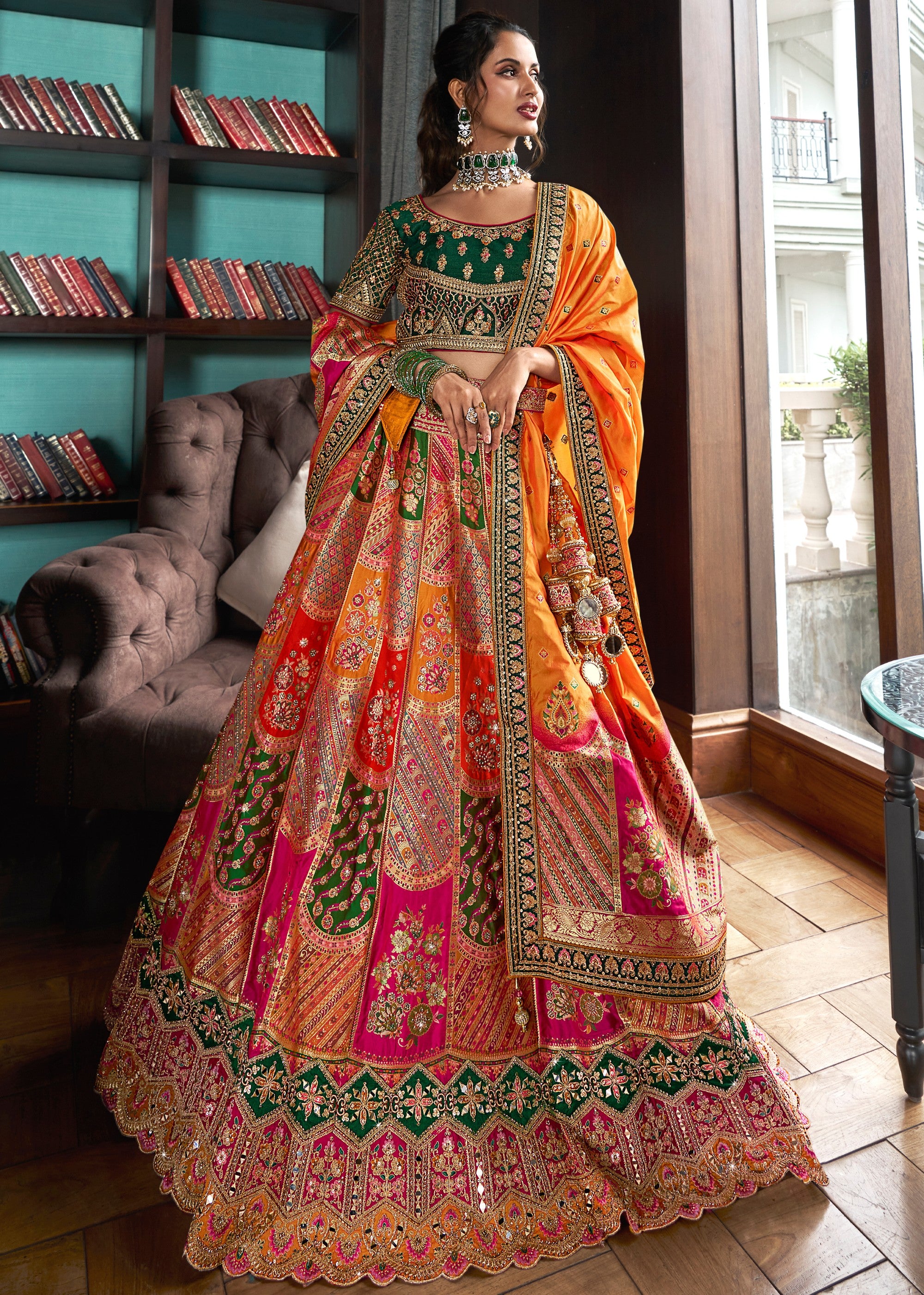 Green & Yellow Banarasi Silk Lehenga with Zarkan Codding work – Ethnos
