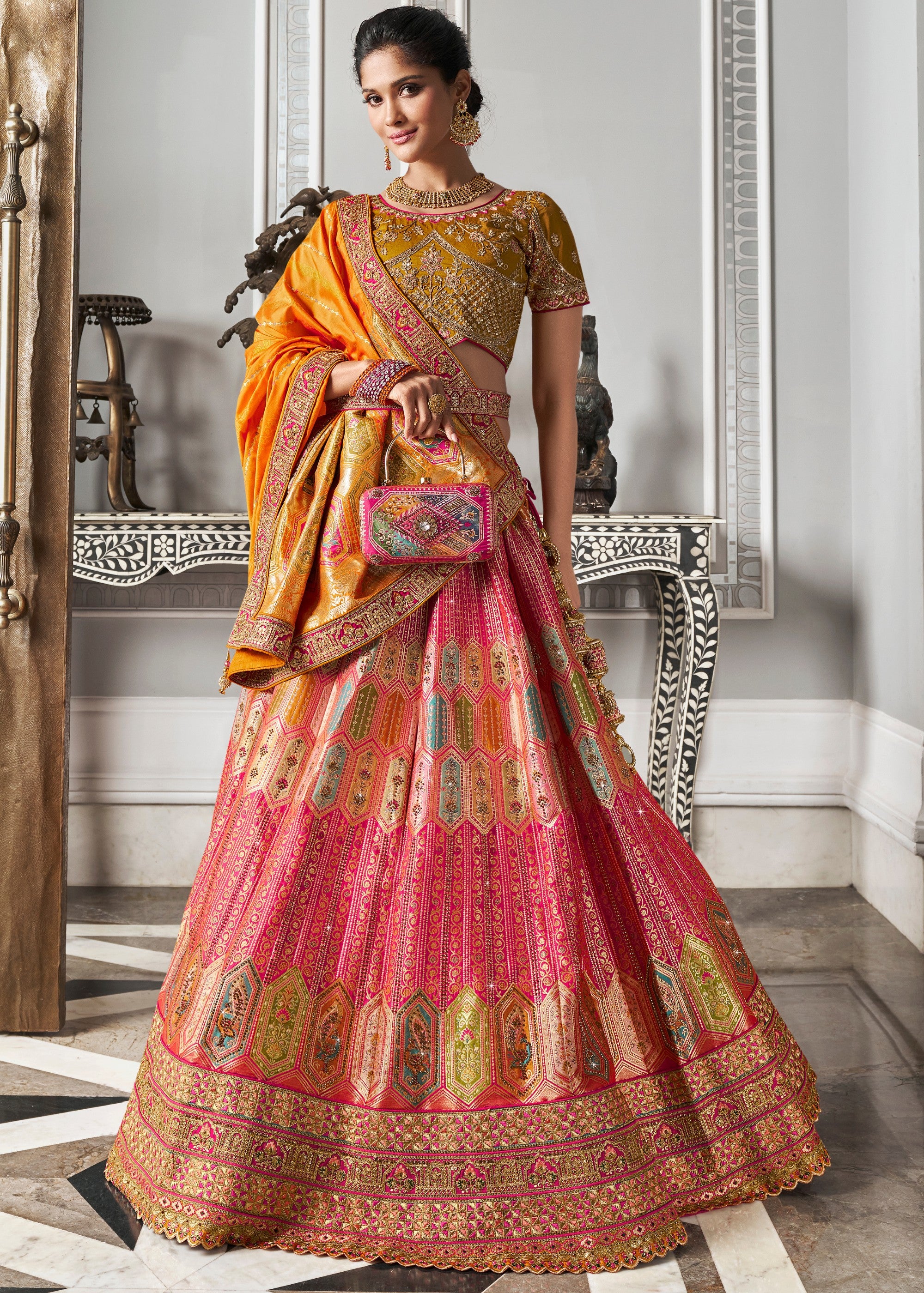 Mustard Yellow & Orange Banarasi Silk Lehenga with Zarkan Codding work ...