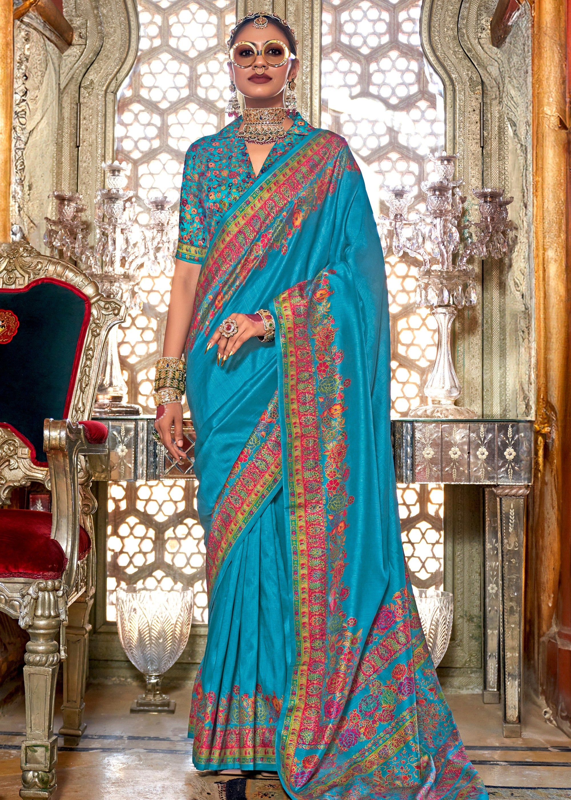 Azure Blue Silk Saree With Luxury Print And Glory Finish – Ethnos