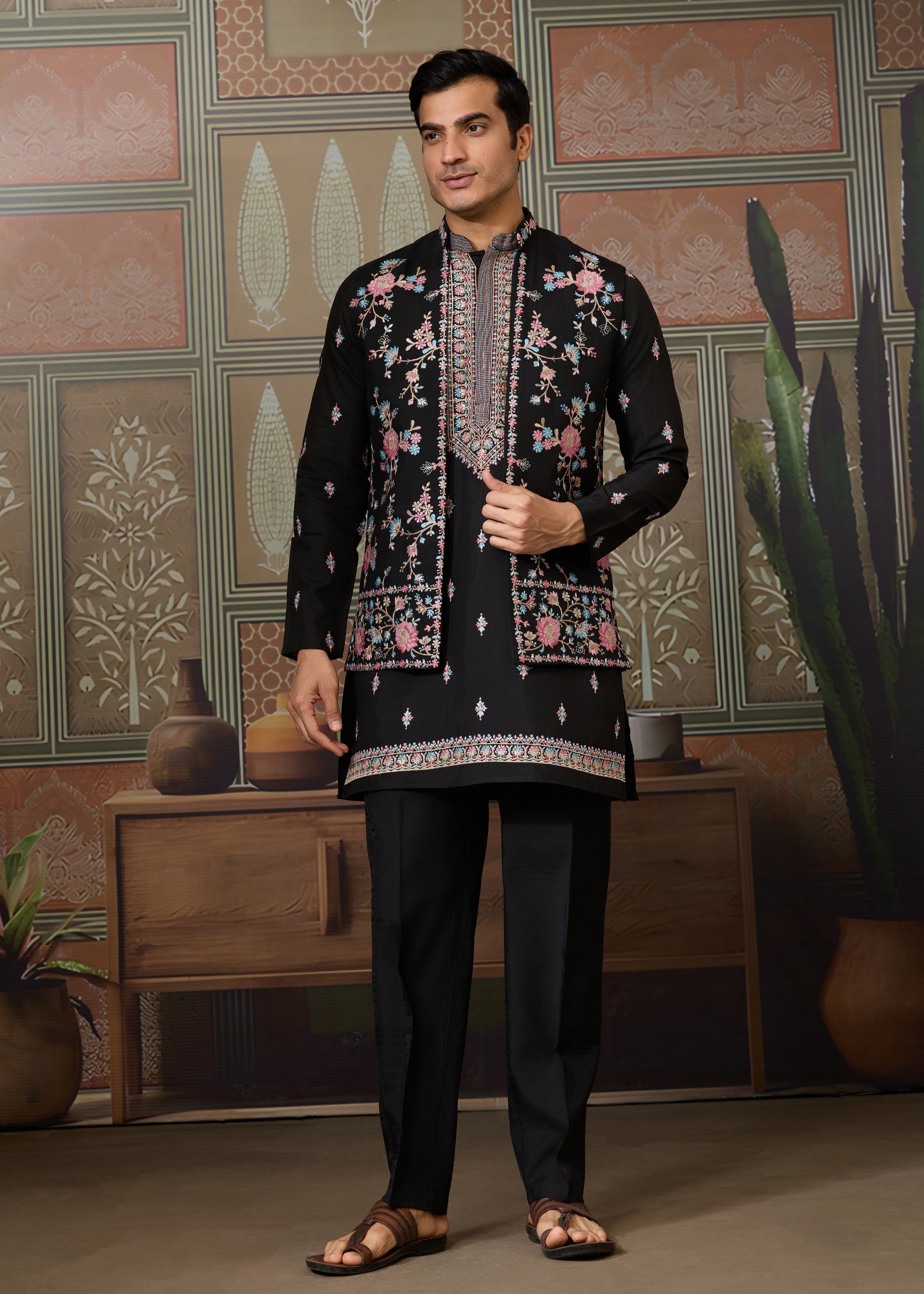 Jet Black Mens Wear Koti Style with Silk Kurta and Pajama – Ethnos