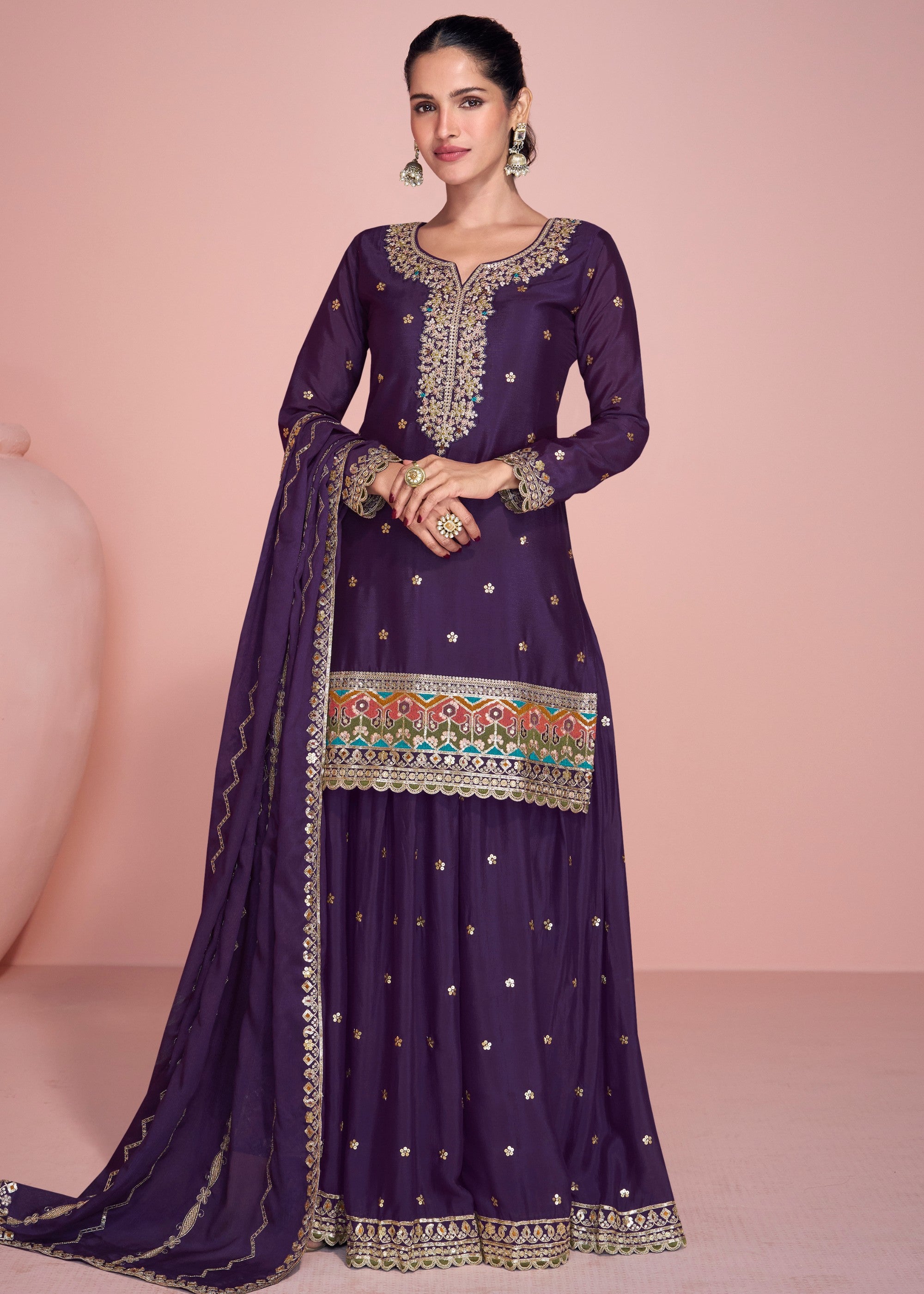 Raisin Purple Chinnon Silk Plazo Suit With Thread Embroidered Work – Ethnos