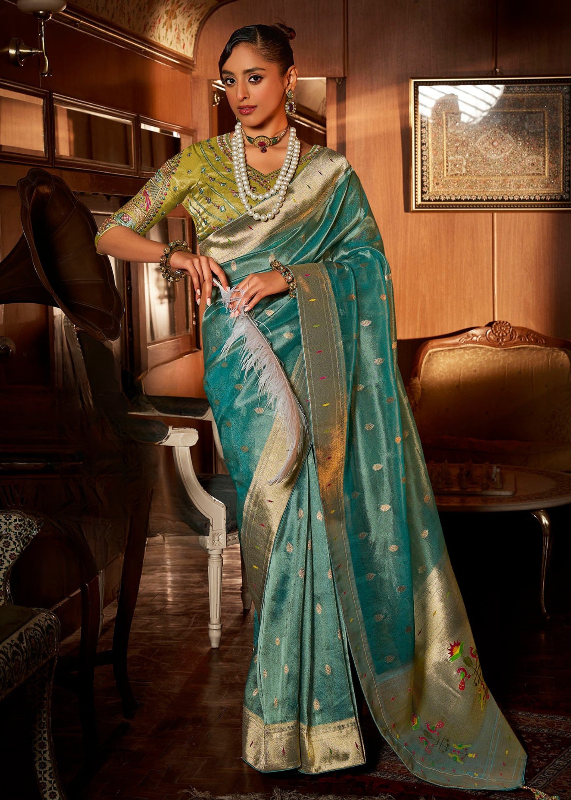Cerulean Blue Tissue Paithani Silk Saree – Ethnos