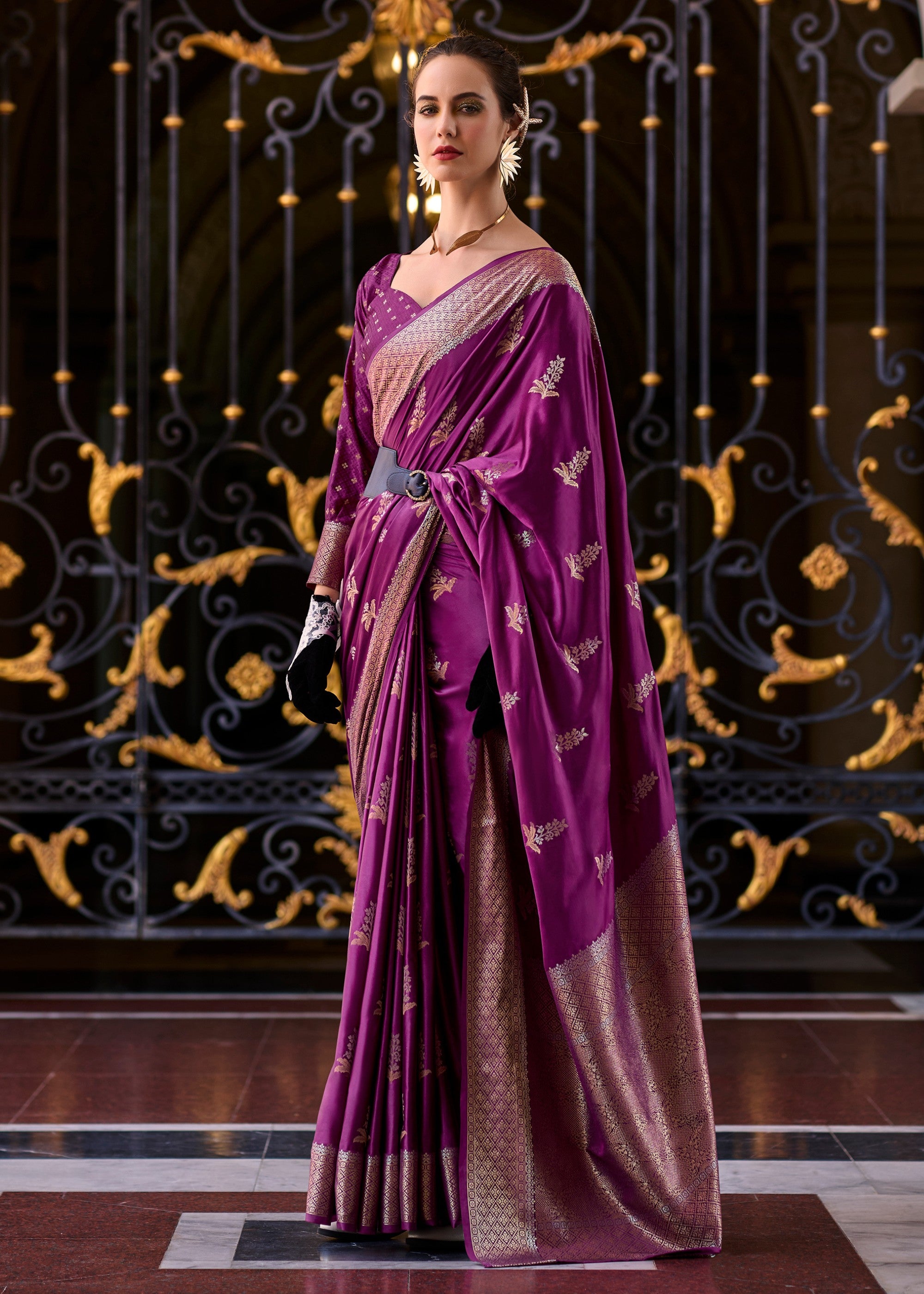 Irish Purple Satin Mungha Silk Saree – Ethnos