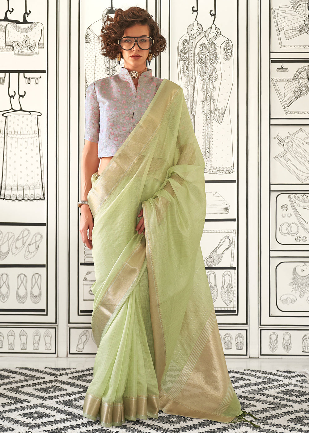 Light Green Chiffon Saree Having Handloom Weaving Border & All Over Za ...