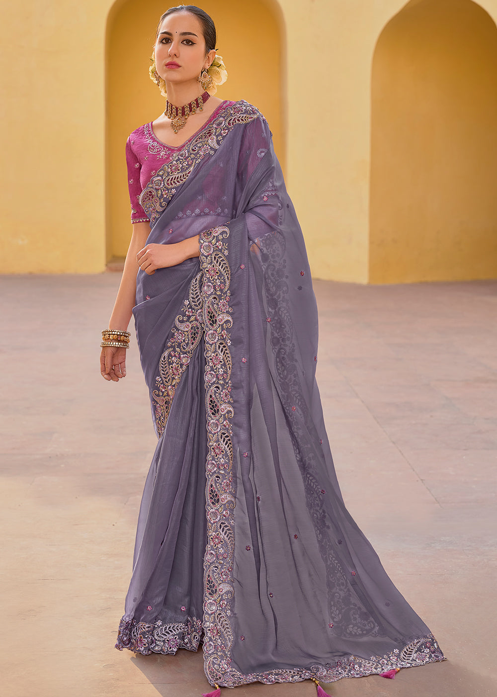Rain Purple Tissue Organza Silk Saree – Ethnos