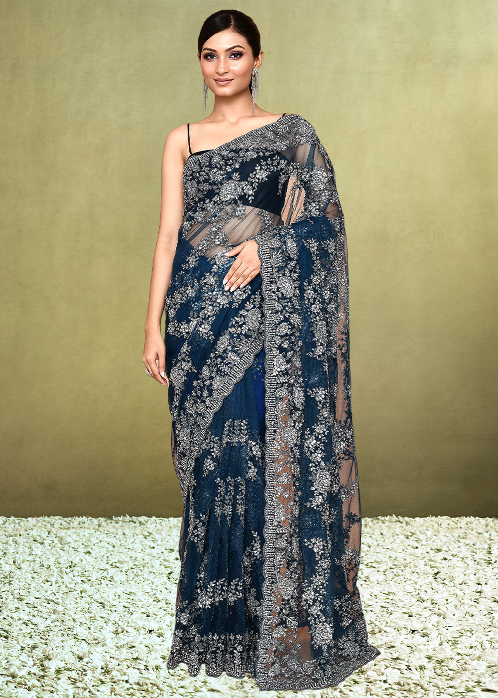 Navy Blue Net Saree having Sequence with Diamond work – Ethnos