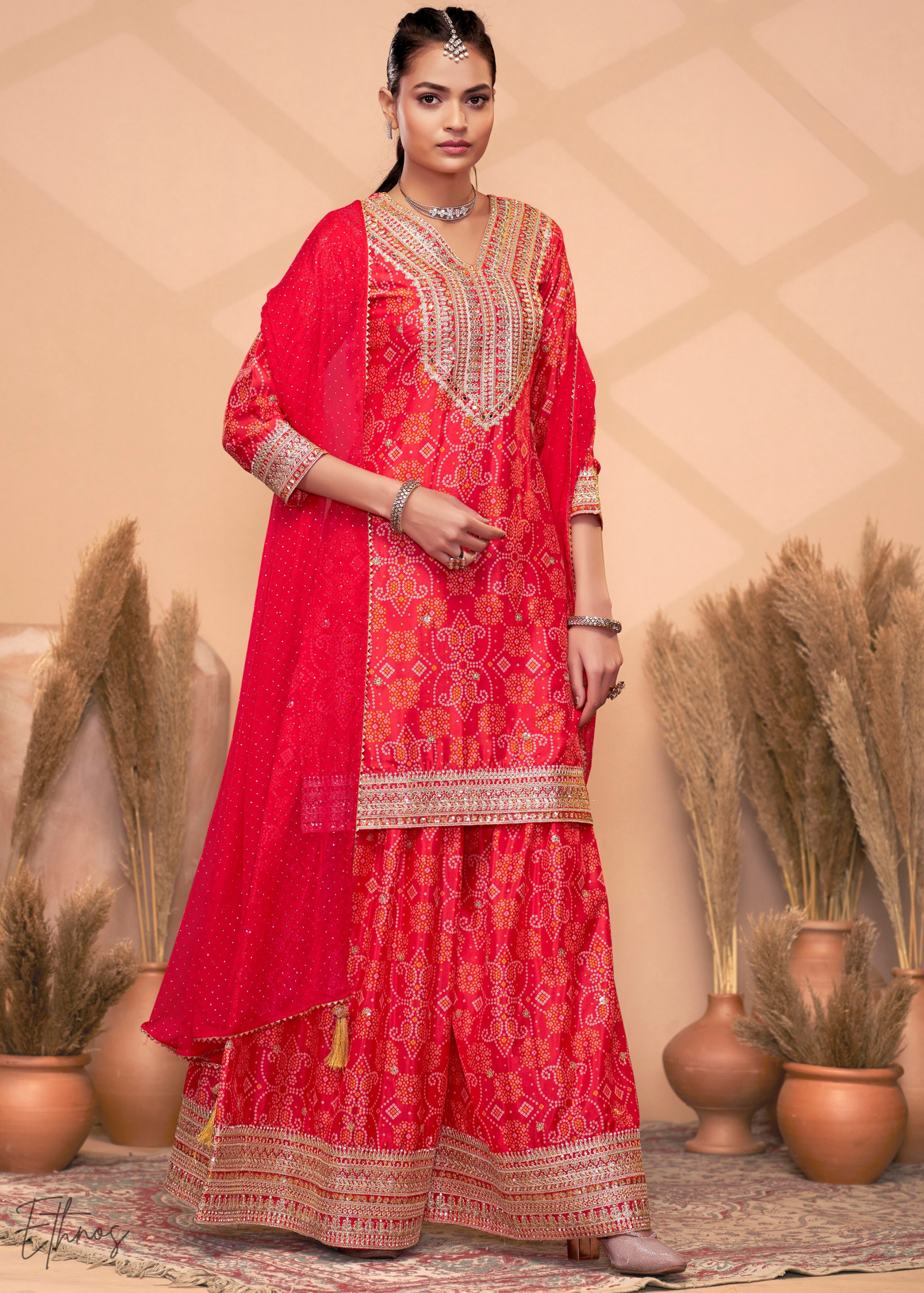 Red Embroidered Bandhani Chinon Palazzo Suit – Ethnos