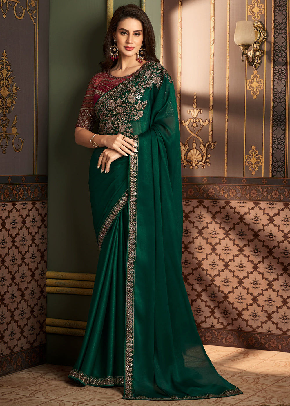 Dark Green Designer Embroidered Silk Saree – Ethnos