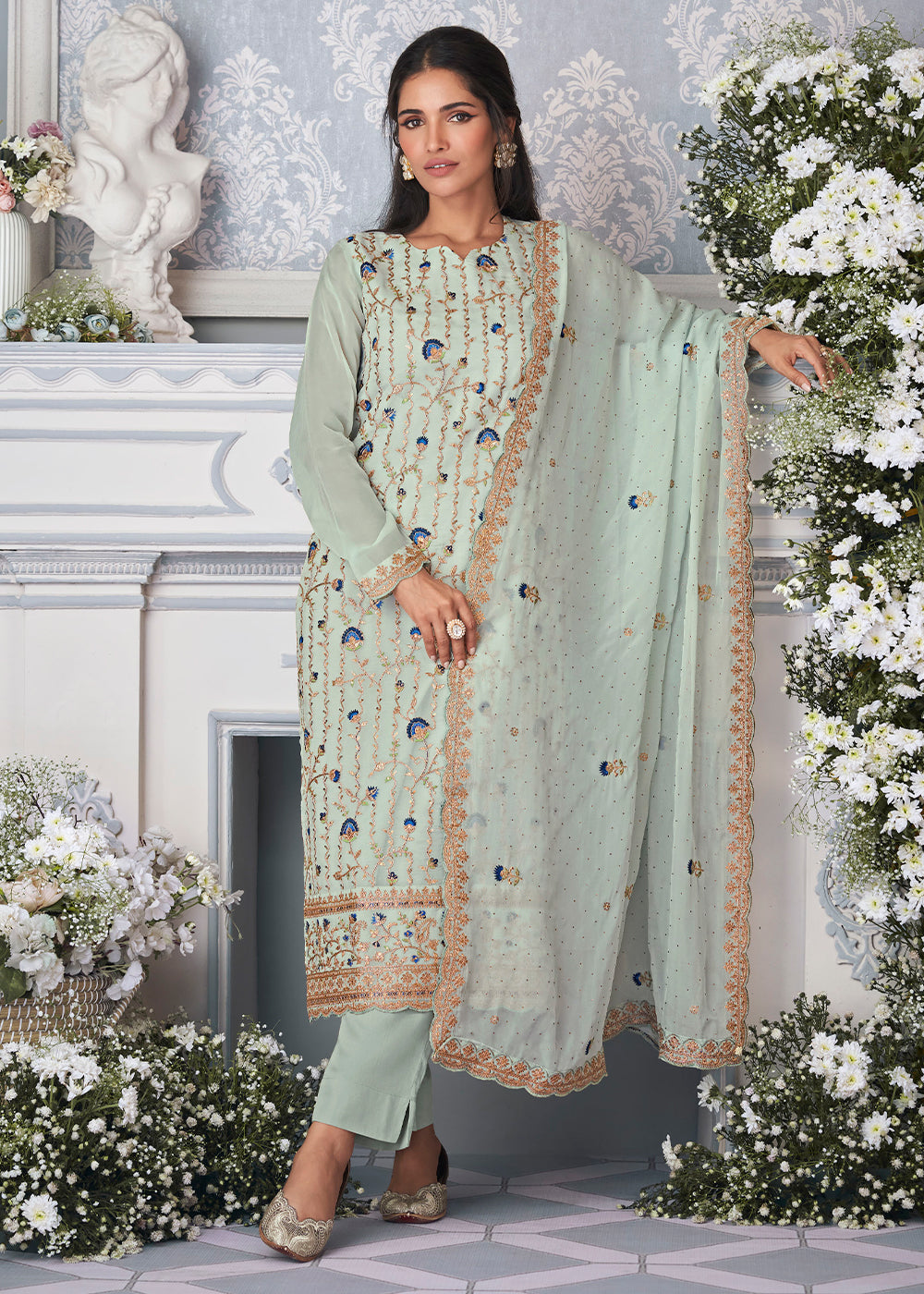 Coral Blue Organza Silk Embroidered Salwar Suit – Ethnos