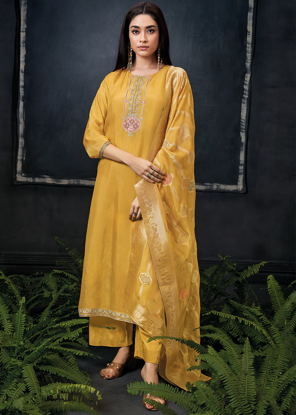 Saffron Yellow Embroidered Organza Salwar Suit: Top Pick – Ethnos