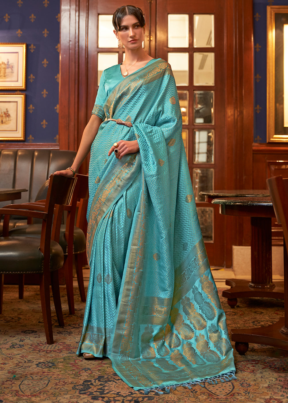 Cerulean Blue Designer Satin Silk Saree – Ethnos