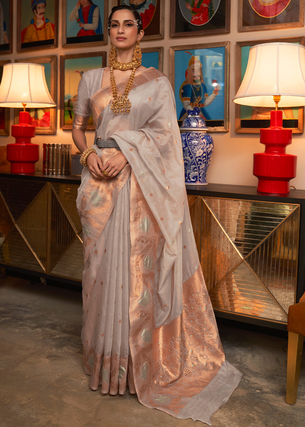 Mink Grey Copper Zari Silk Saree – Ethnos