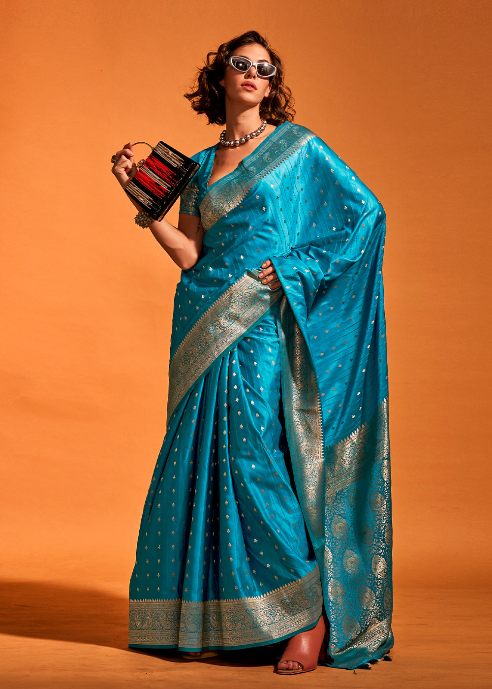 Cerulean Blue Satin Silk Saree – Ethnos