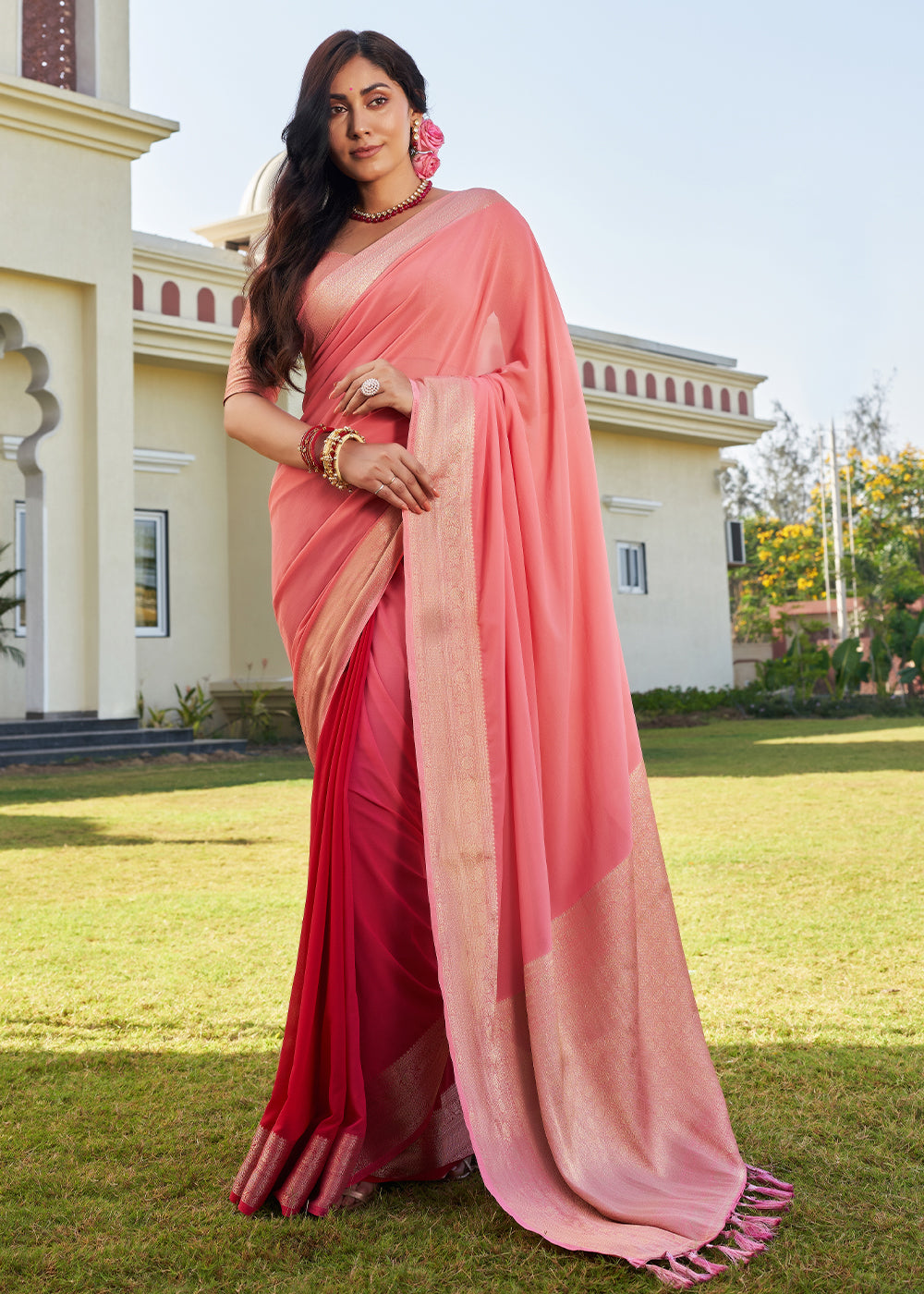 Mauvelous Pink Woven Georgette Saree – Ethnos