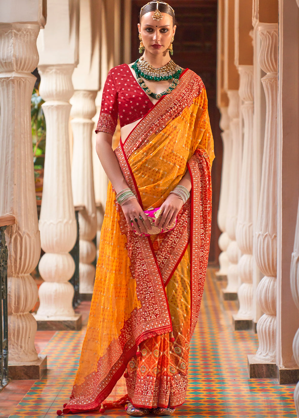 Saffron Yellow Leheriya Printed Georgette Saree – Ethnos