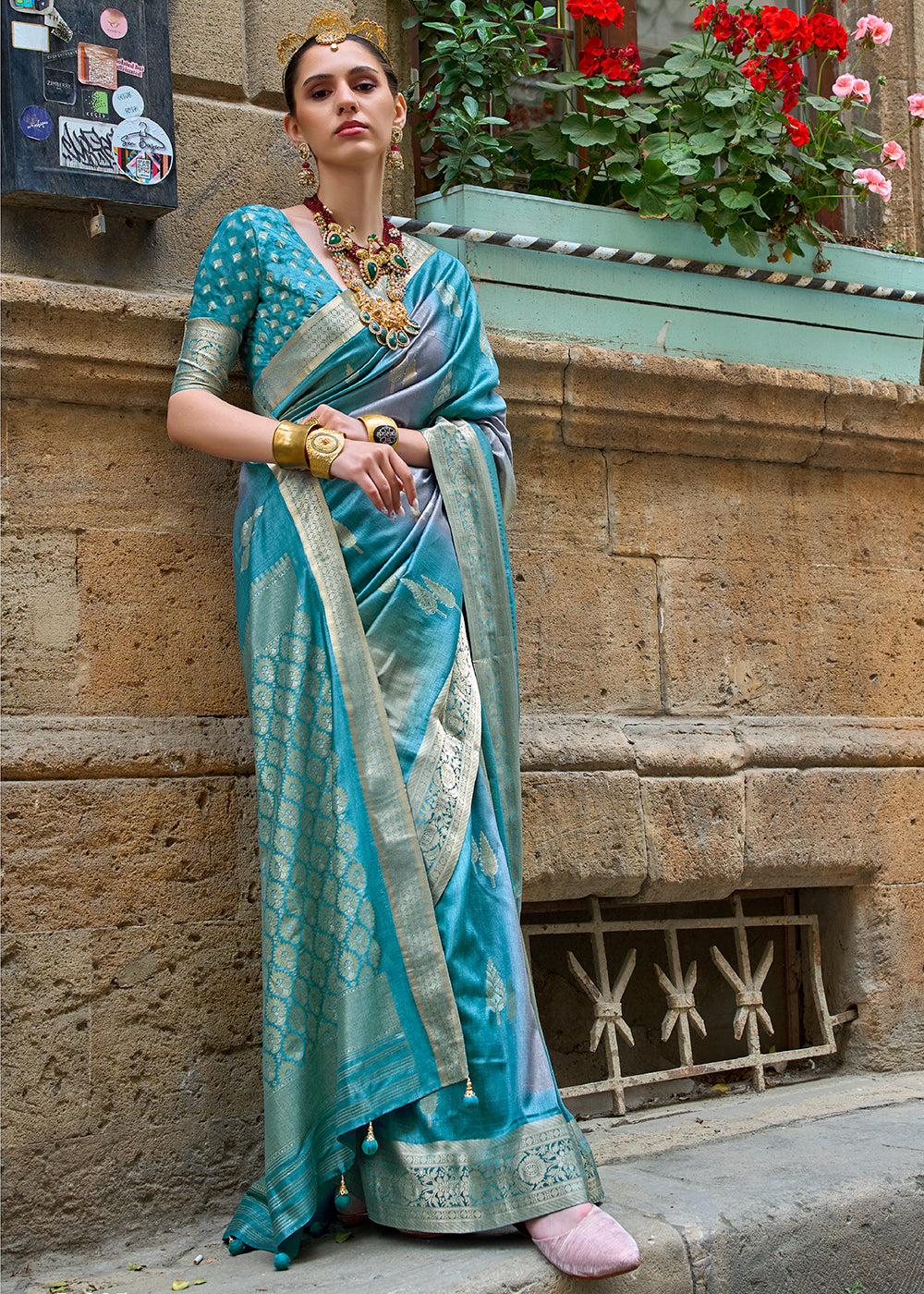Cerulean Blue Viscose Silk Saree with Aqua Finish work – Ethnos
